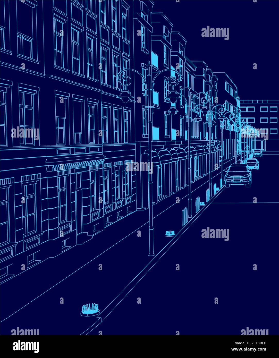 Blue cityscape with buildings and cars. The idea of the image is to ...