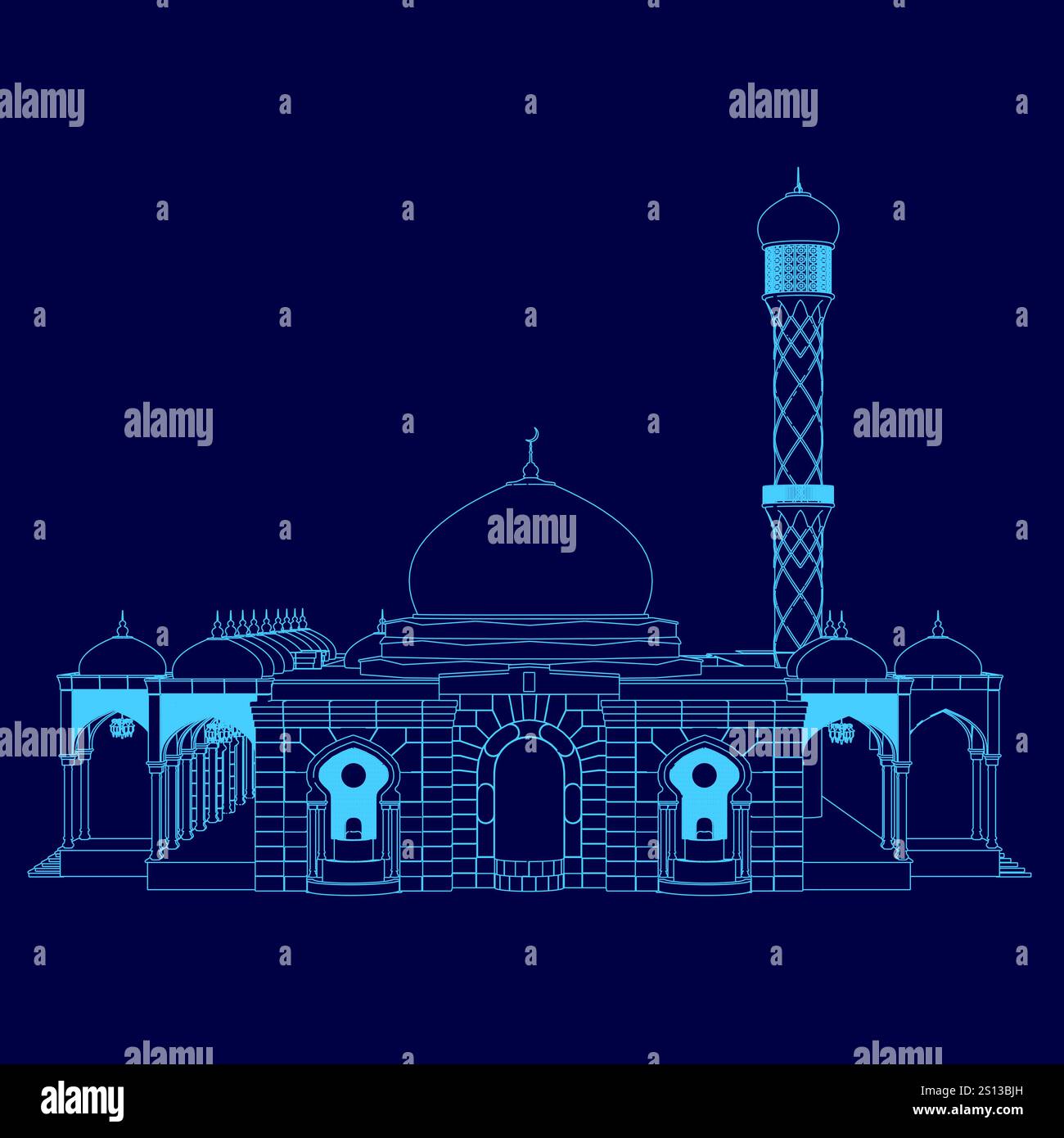 Blue drawing of a mosque with a dome and a minaret. The drawing is in ...