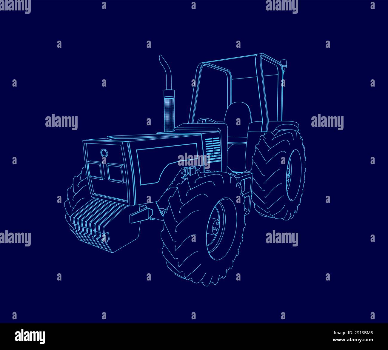 Blue drawing of a tractor with a cab and a engine. The tractor is shown ...