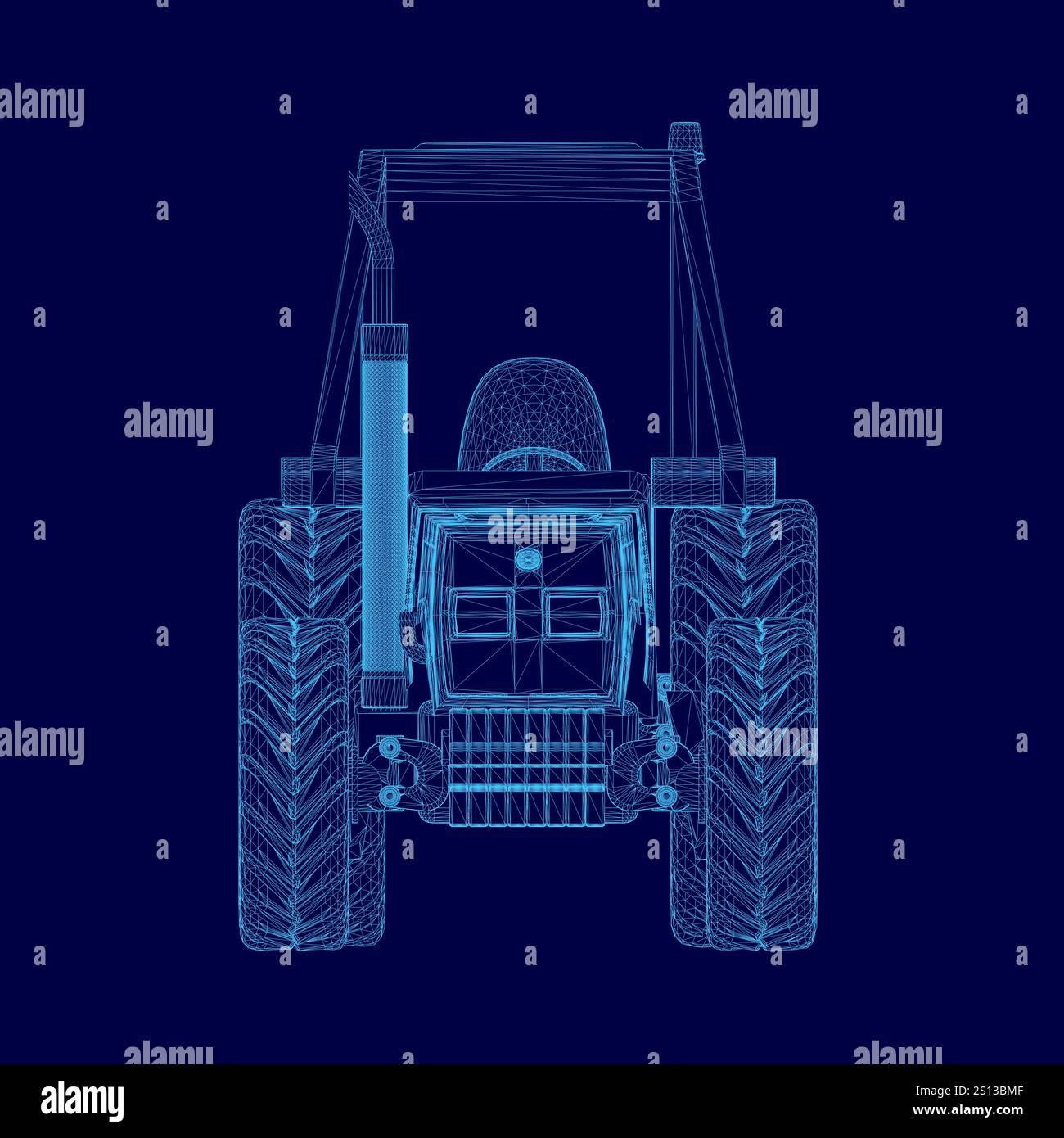 Blue tractor with a cab and a engine. The tractor is shown in a 3D ...