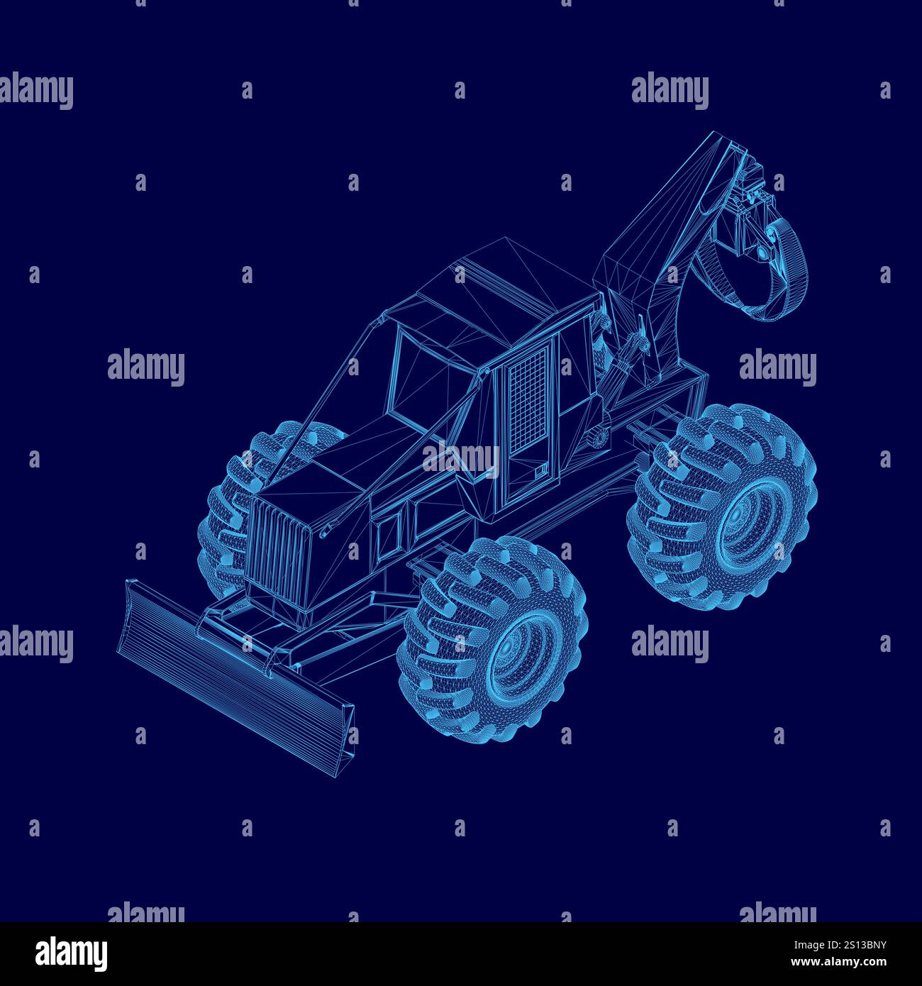 Blue drawing of a large truck with a large scoop on the front. The ...