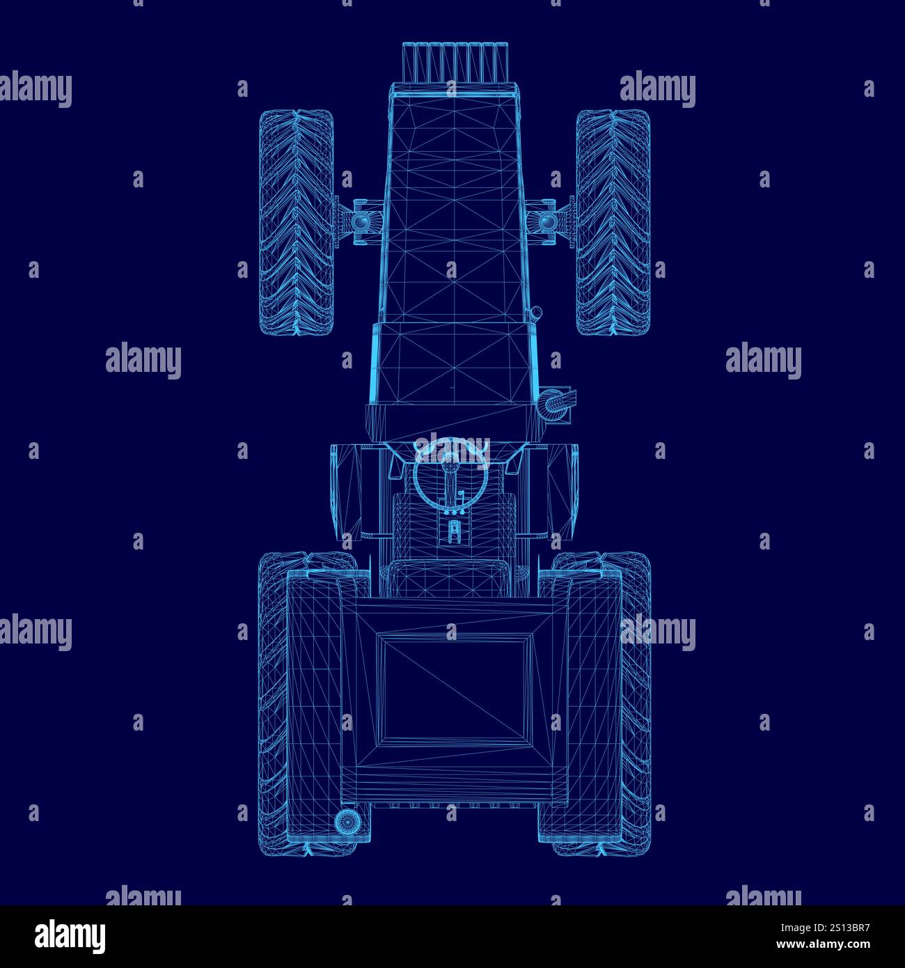 Blue drawing of a tractor. The tractor is shown in a 3D format, with ...