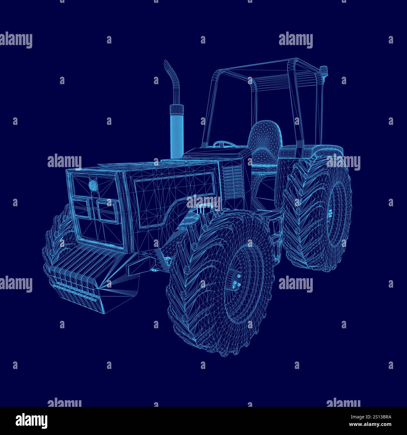 Blue tractor with a cab and a black engine. The tractor is shown in a ...