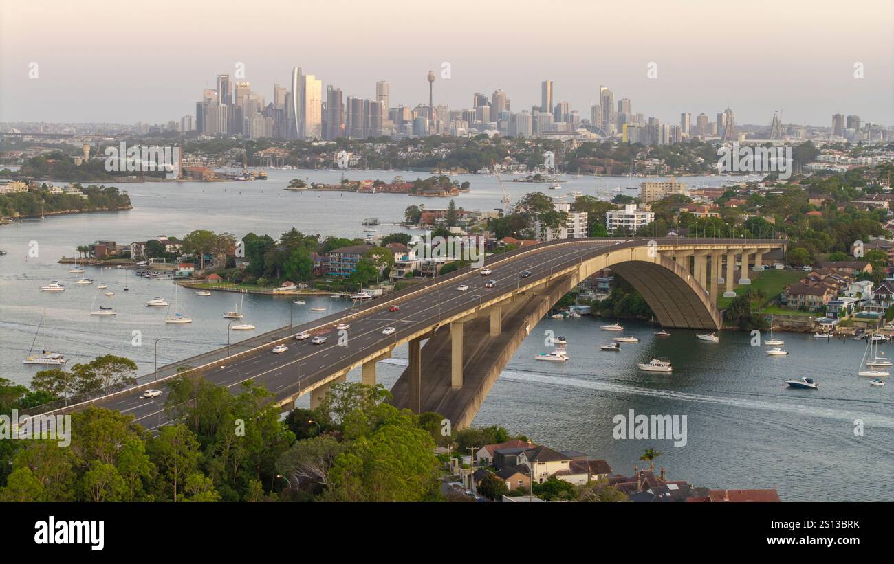 The gladesville bridge spanning the Parramatta river at Drummoyne with ...