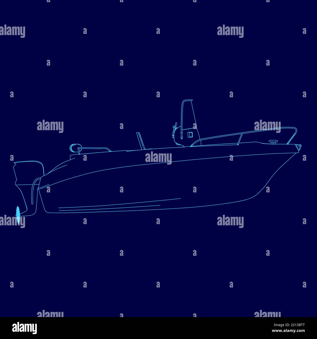 Blue boat with a motor and a seat. The boat is shown in a blue drawing ...