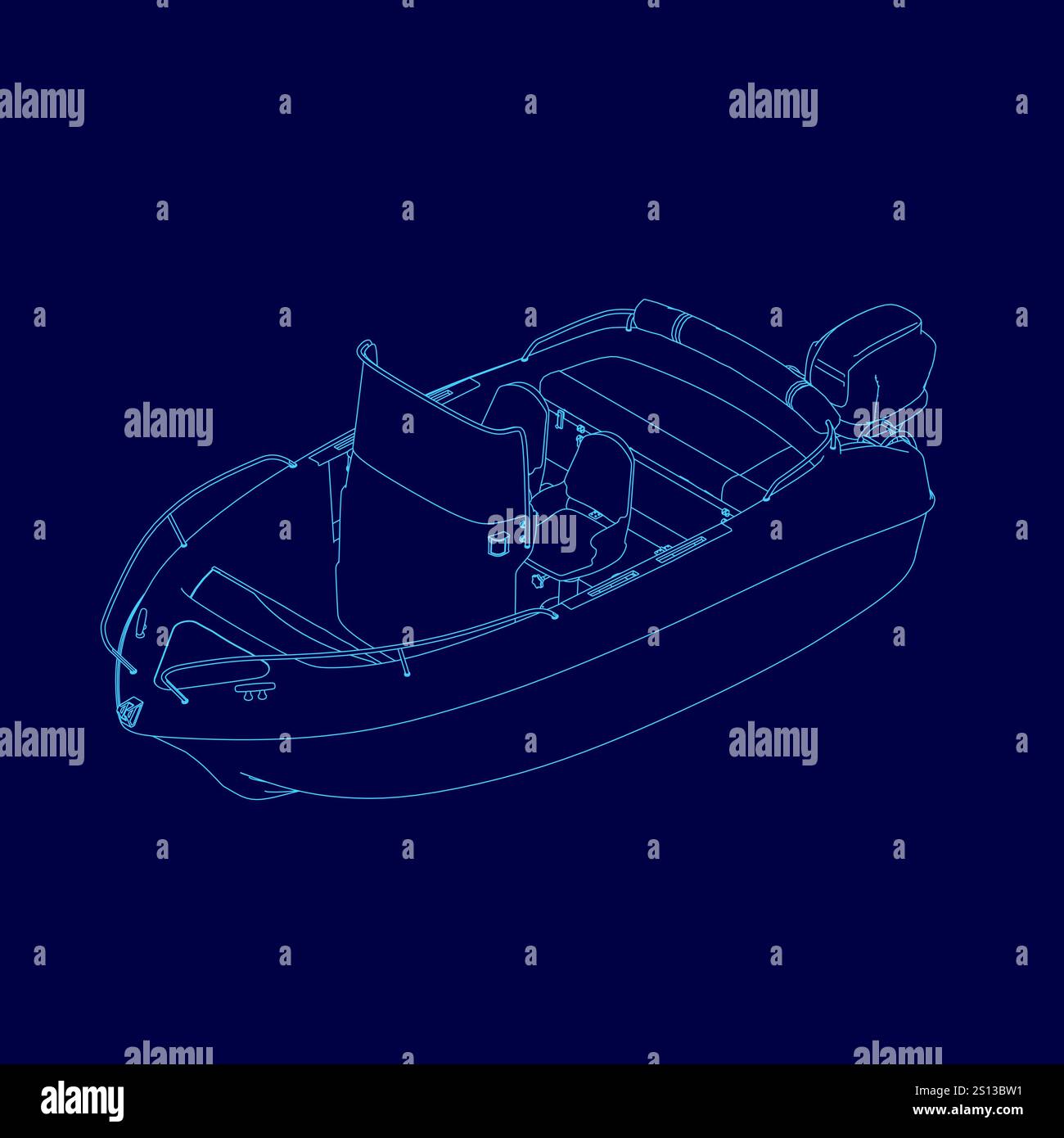 Blue boat with a seat and a motor. The boat is shown in a blue drawing ...