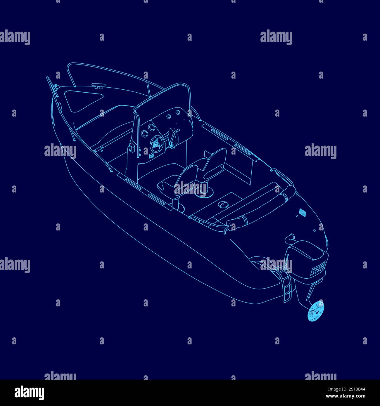 Blue boat with a motor and a steering wheel. The boat is shown in a ...