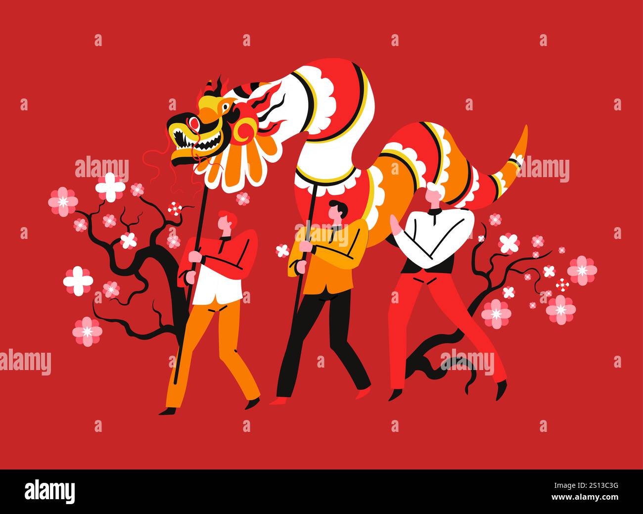 Vector illustration of a traditional Chinese dragon parade with festive ...