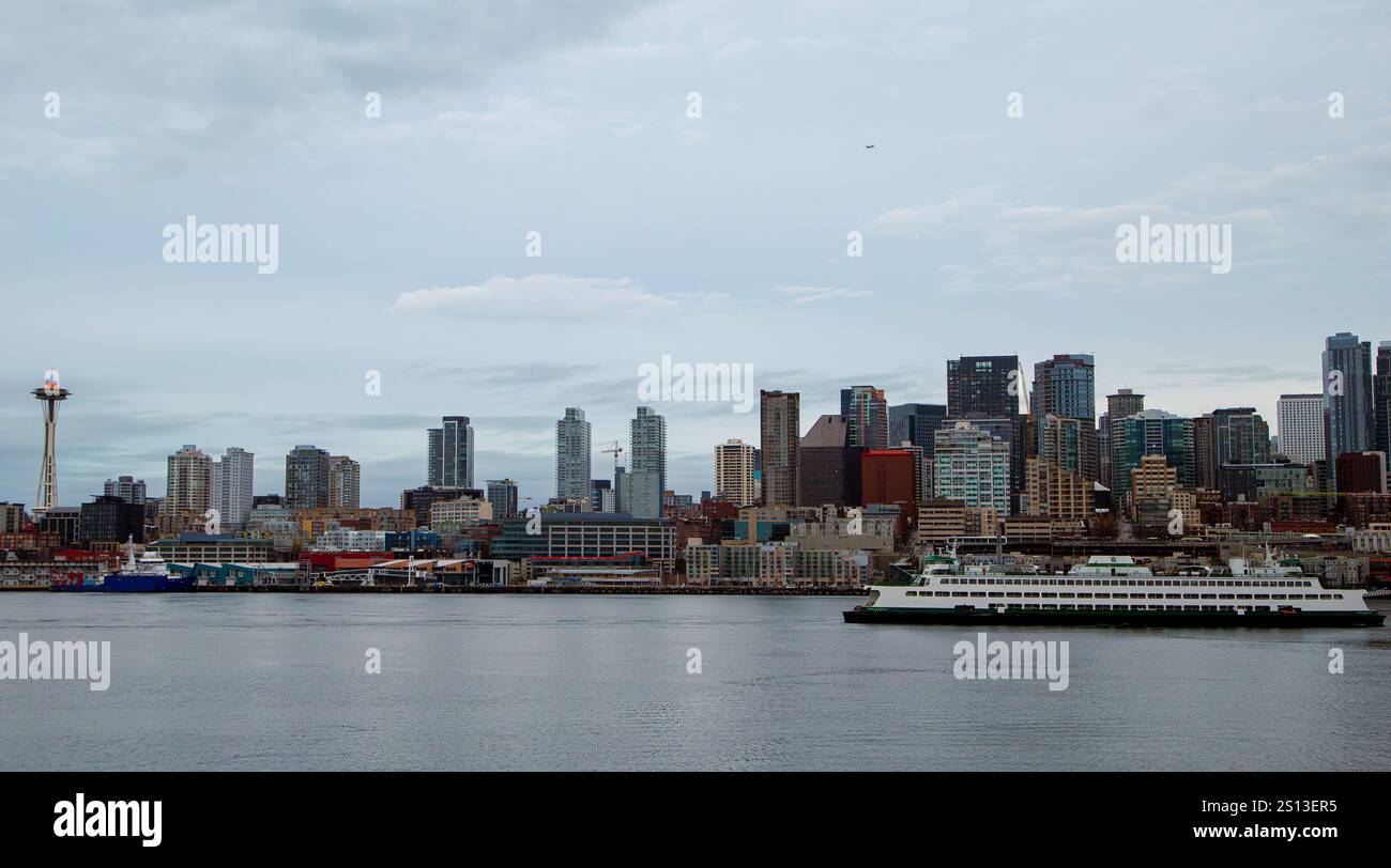 A vibrant city skyline features a brightly lit ferris wheel and ...