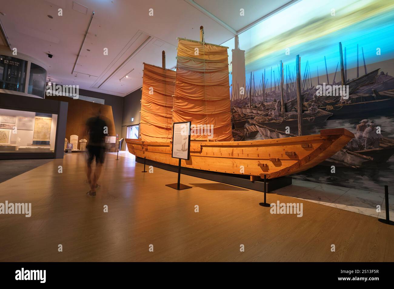 A life size recreation of an old, wood ship, boat with linen sails. At ...