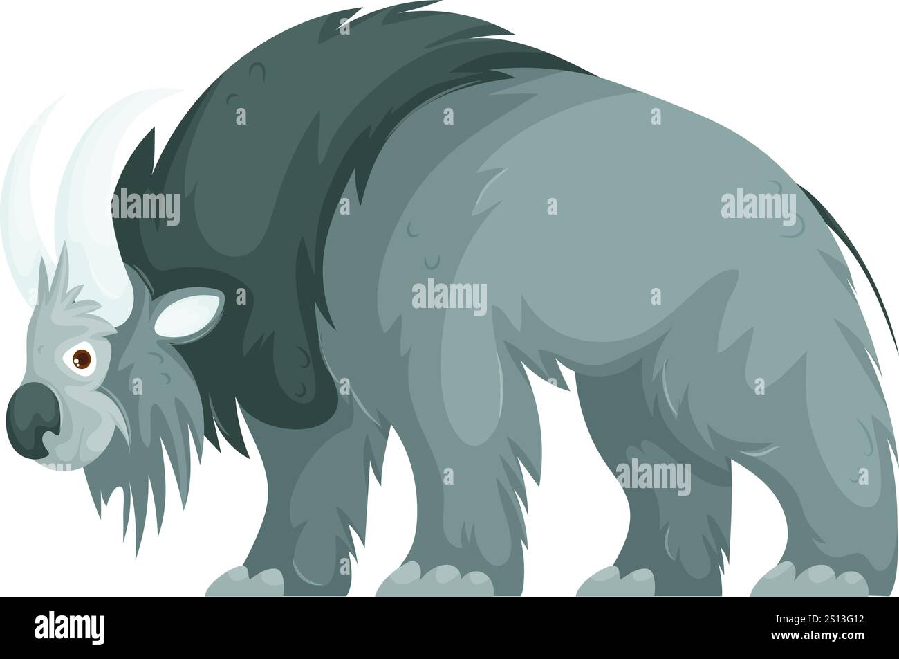Illustration of a gray cartoon prehistoric beast with shaggy fur and ...