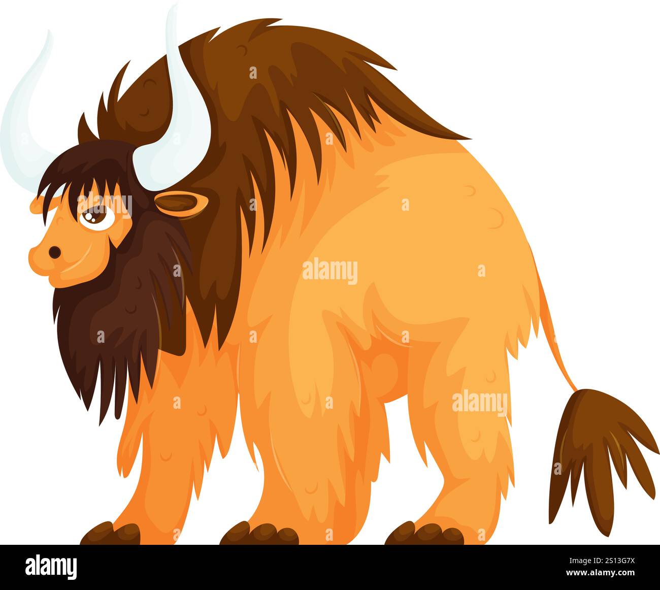 Colorful cartoon illustration of a yak with large curved horns, shaggy fur, and a whimsical ...