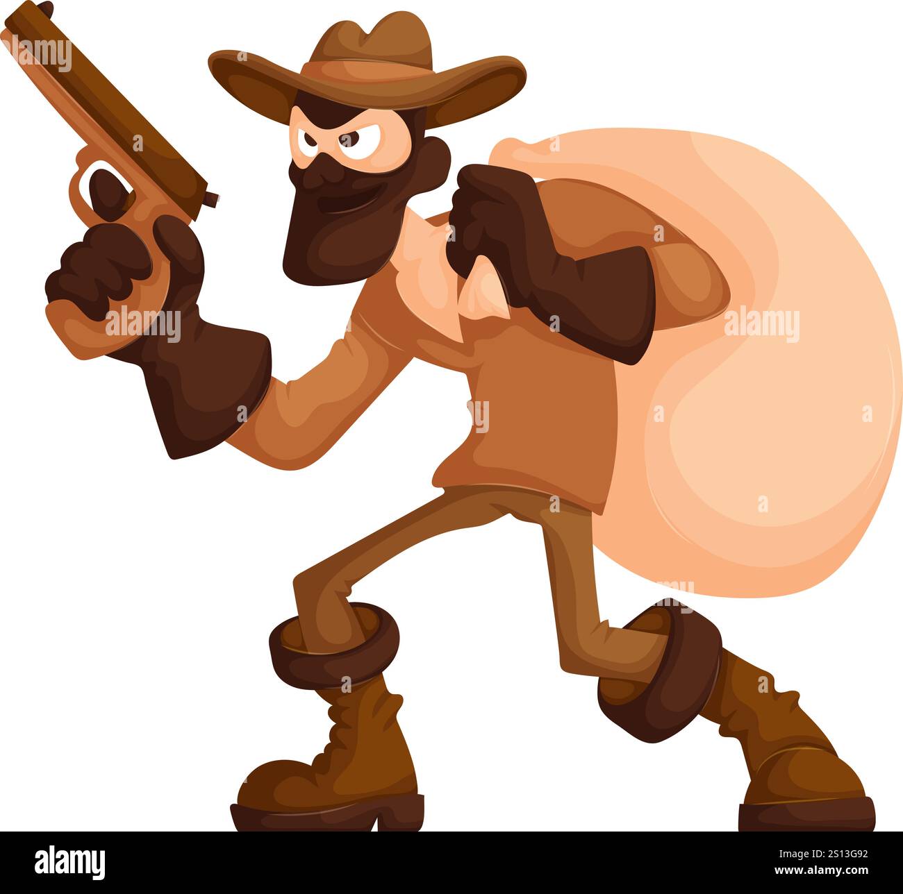 Cartoon illustration of a masked cowboy robber holding a gun and ...