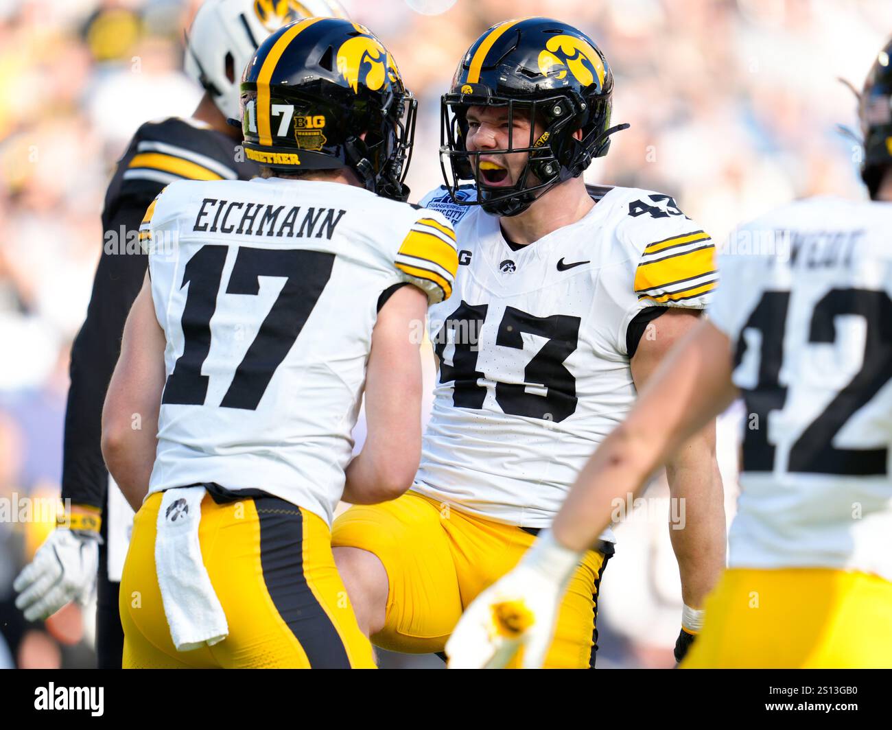Linebacker Karson Sharar (Iowa Hawkeyes, #43) reacts after a defensive ...