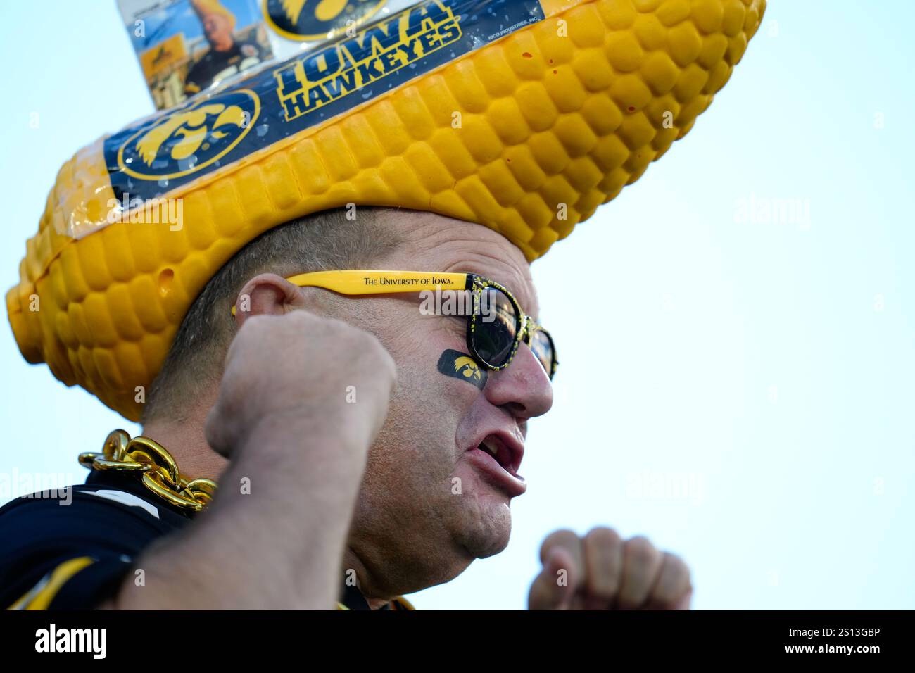 An Iowa Hawkeyes fan seen cheering in the stands USA, Iowa Hawkeyes vs ...