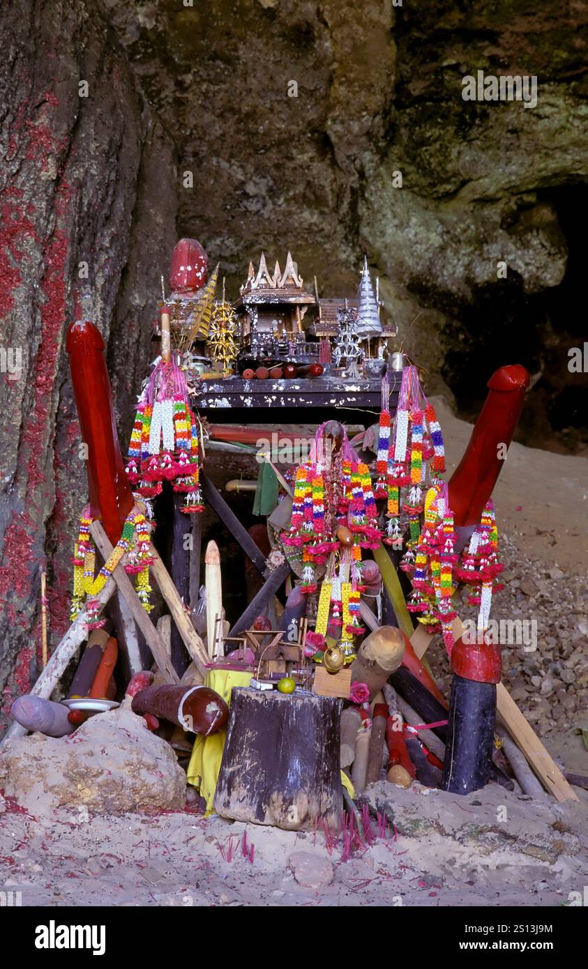 Wooden phallus in the Phra Nang cave located in Ao Phra Nang, Krabi ...