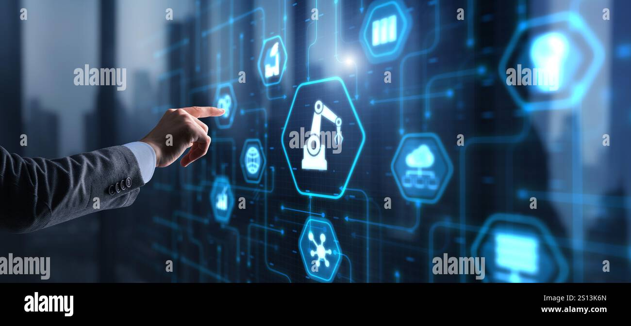 RPA Robotic Process Automation system. Artificial intelligence concept ...