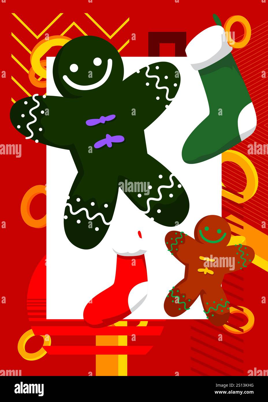 Christmas stocking and Gingerbread Man Cookie geometrical graphic retro ...