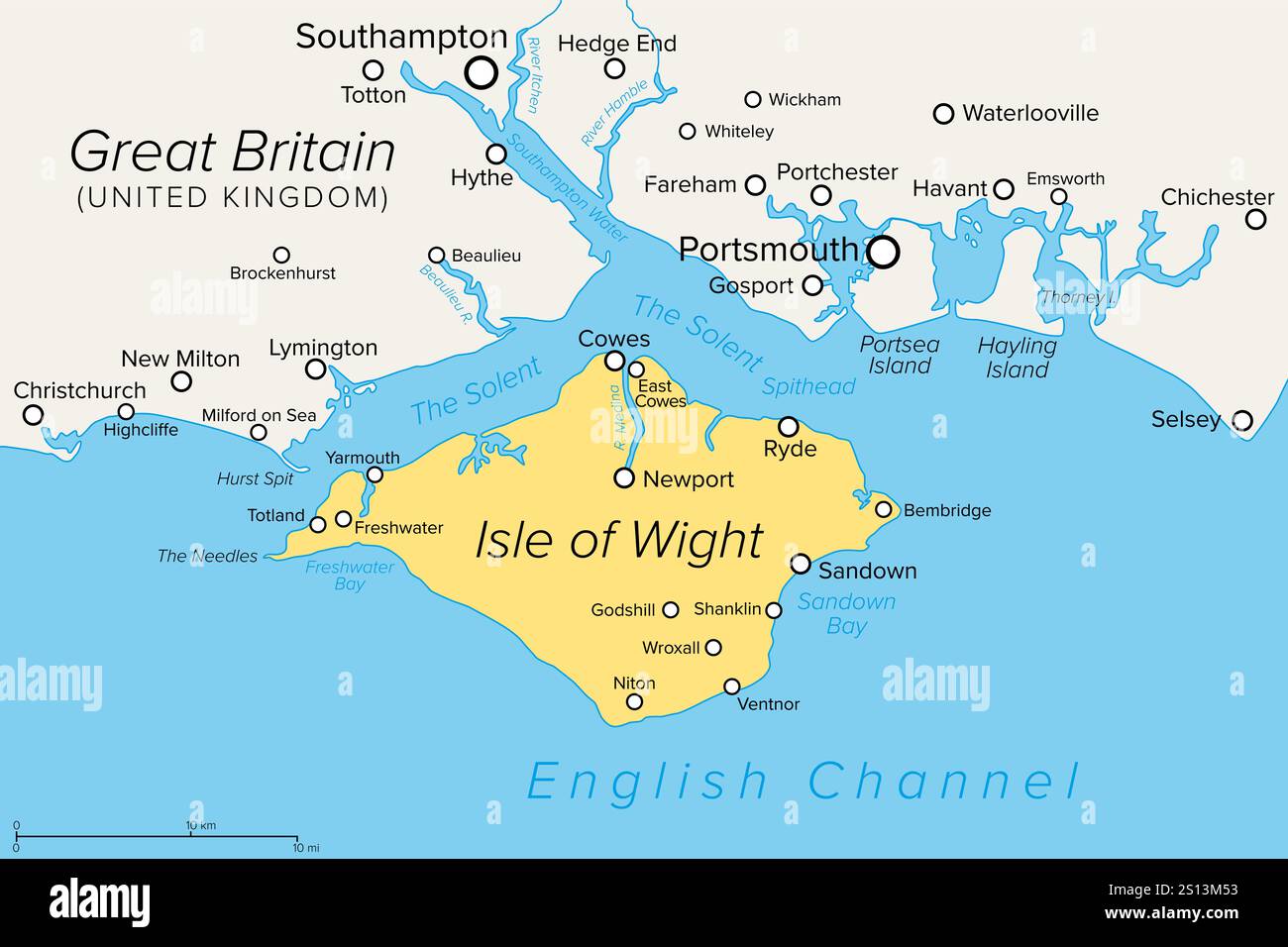 Isle of Wight and surroundings political map. Island, county and ...