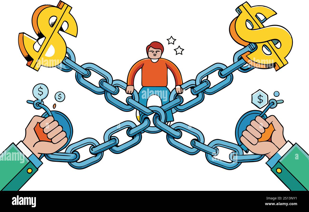 Powerful vector illustration of a person trapped by chains symbolizing ...