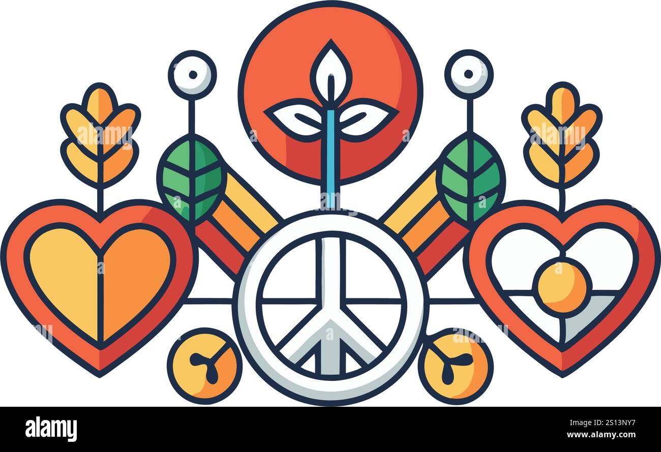Modern vector design combining peace signs, heart shapes, and botanical ...