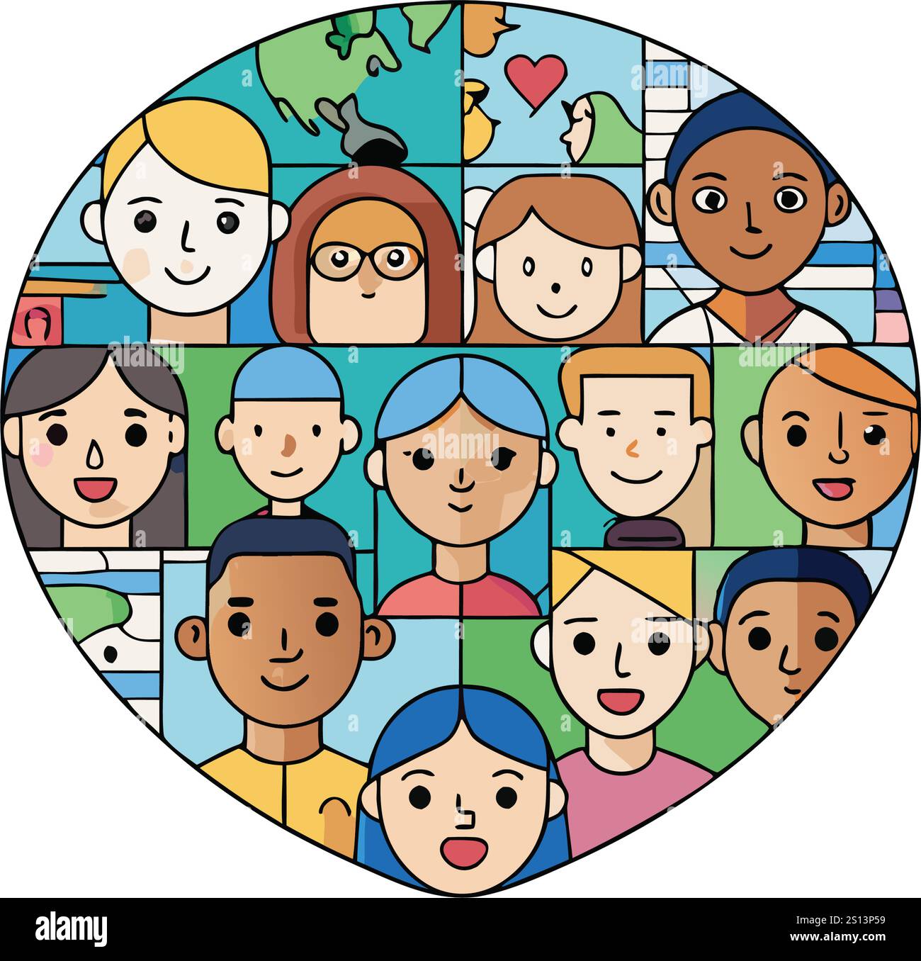 Vibrant vector illustration of a heart shaped mosaic with smiling faces ...