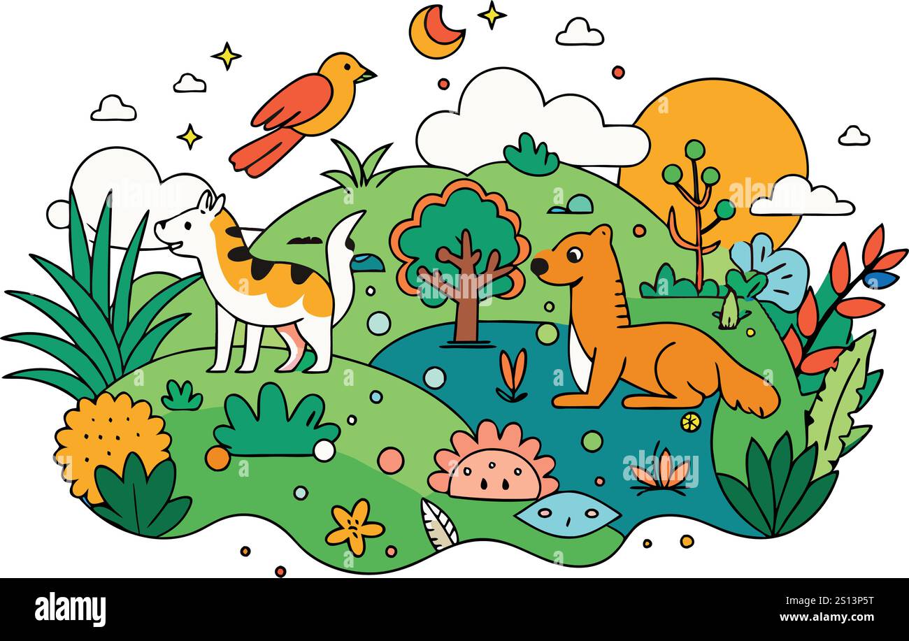 vibrant cartoon style nature landscape with animals, trees, and ...