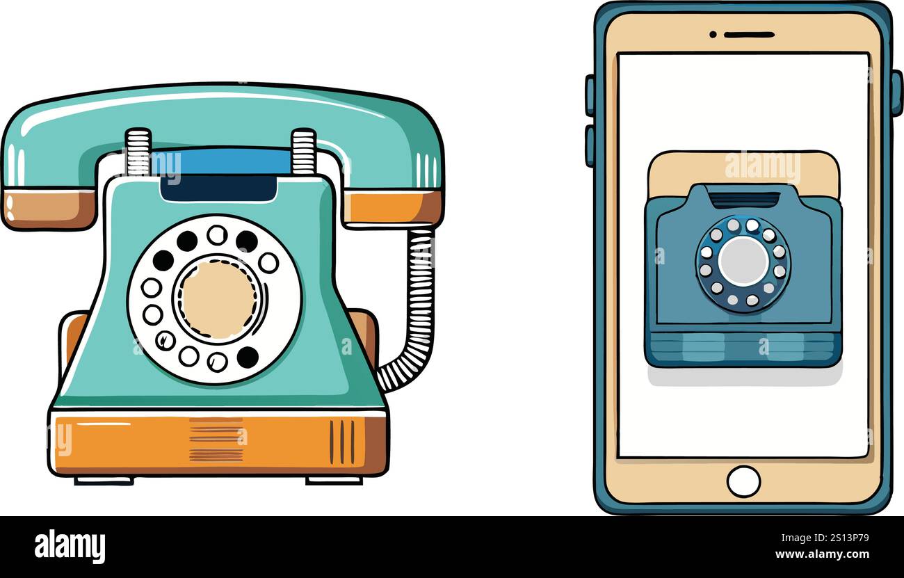 Vintage rotary telephone alongside modern smartphone display ...