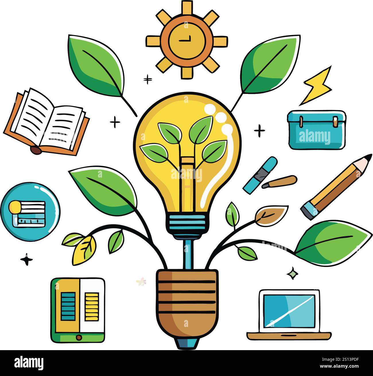 creative vector illustration of a lightbulb tree with leaves, books, and educational icons ...