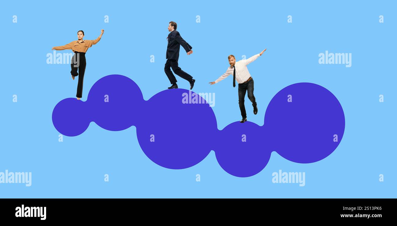 Poster. Contemporary art collage. Group balancing on circle charts ...