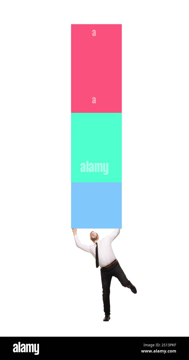 Poster. Contemporary art collage. Worker carrying chart, reflecting ...