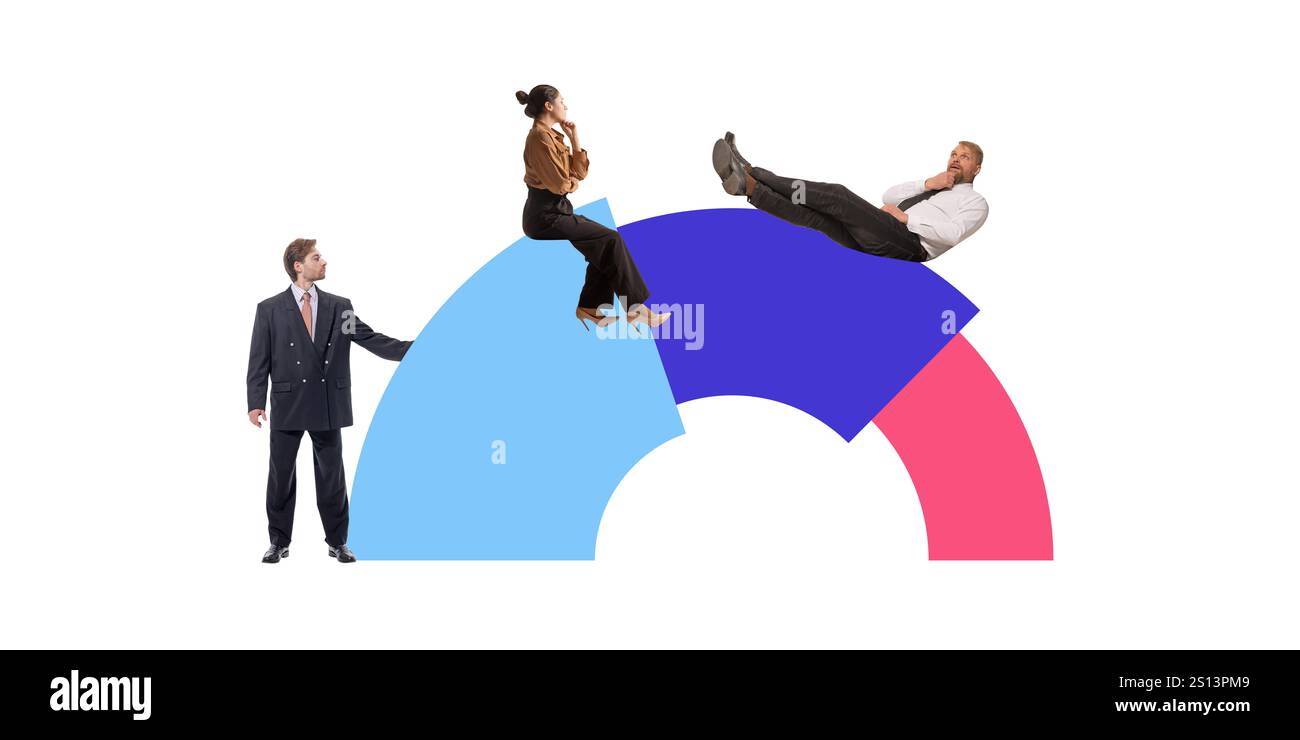 Poster. Contemporary art collage. Team interacting with charts ...