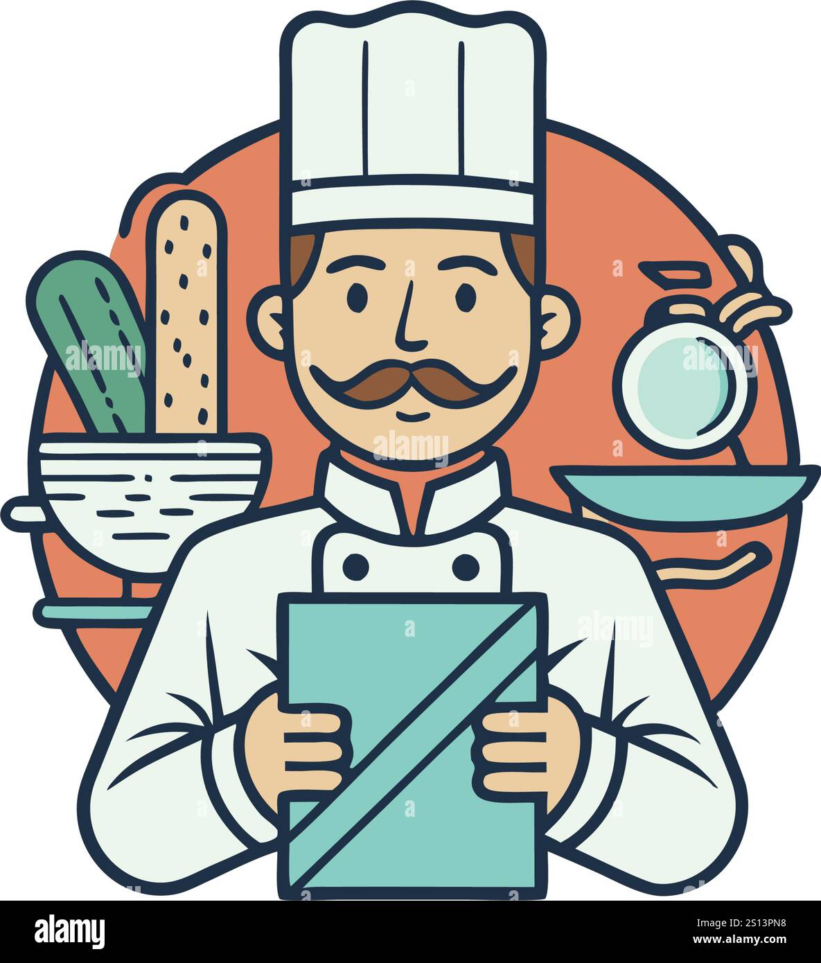Stylized vector of a chef figure with a mustache, chef hat, and ...