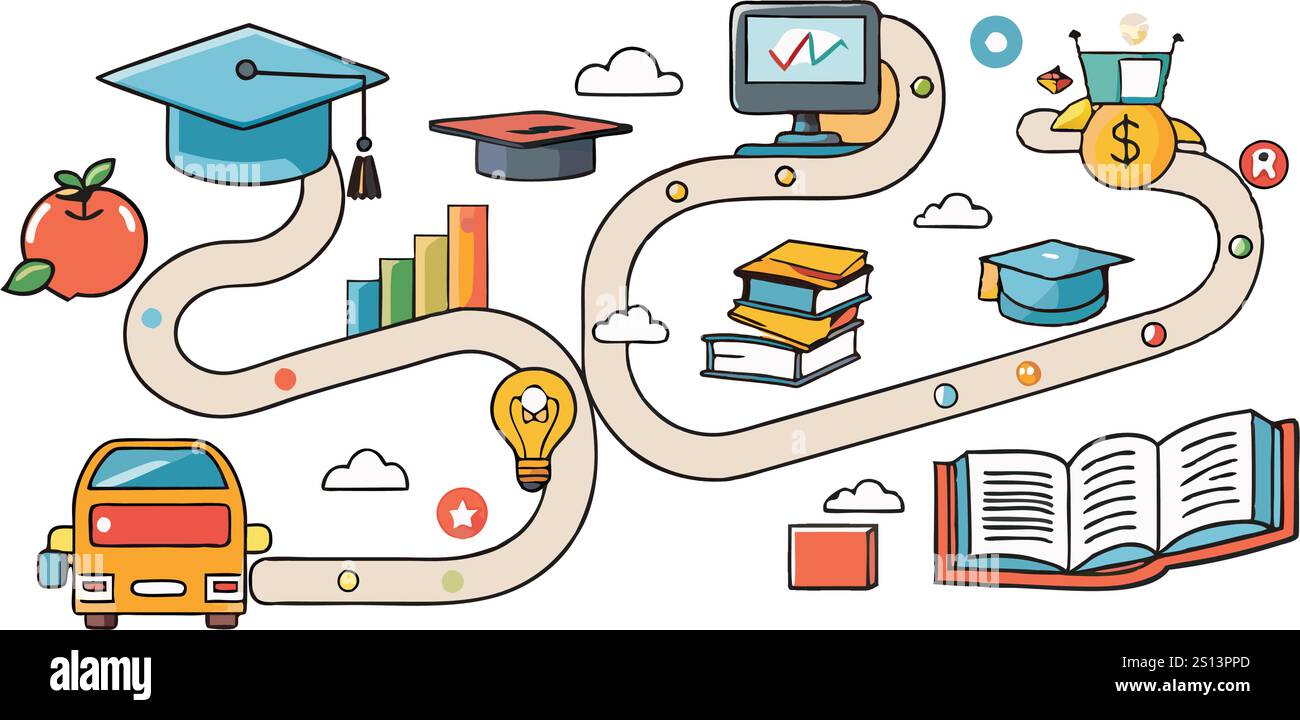 Educational journey path illustration featuring books, graduation caps ...