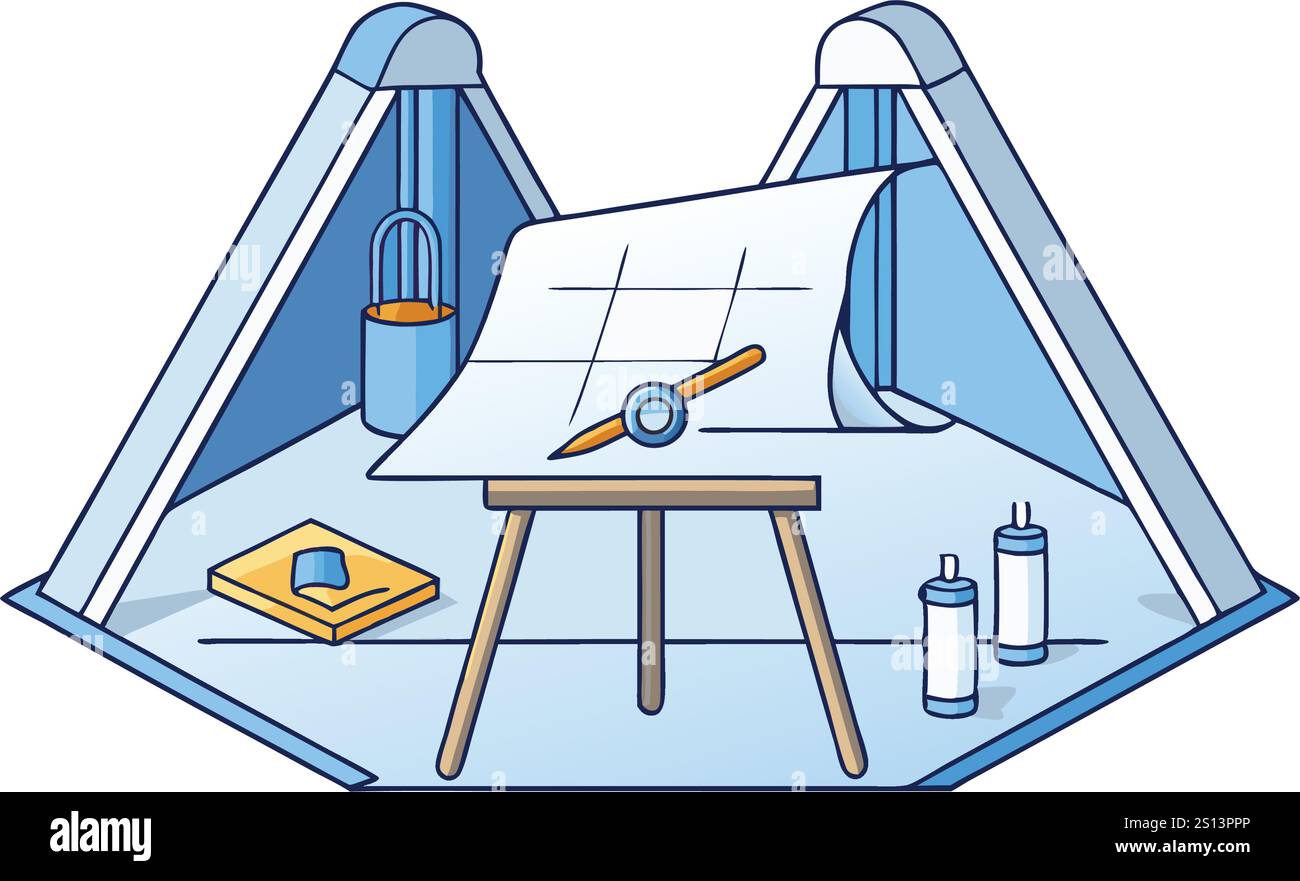 Blueprint drafting scene featuring precision tools, grid paper, and ...