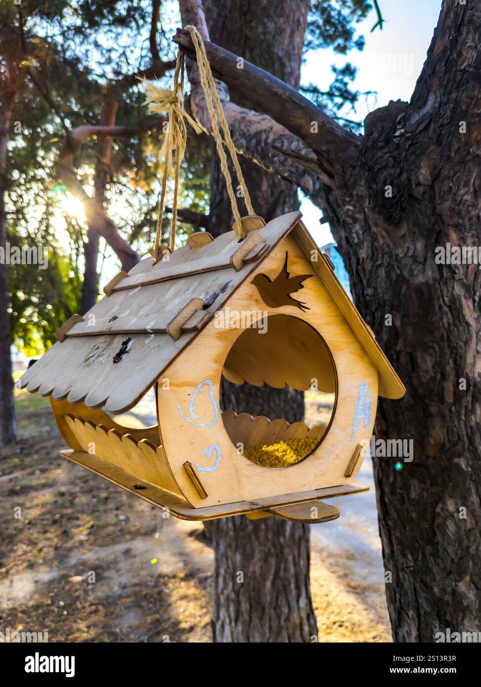 Quick-assembly bird feeder made from plywood blanks Stock Photo - Alamy