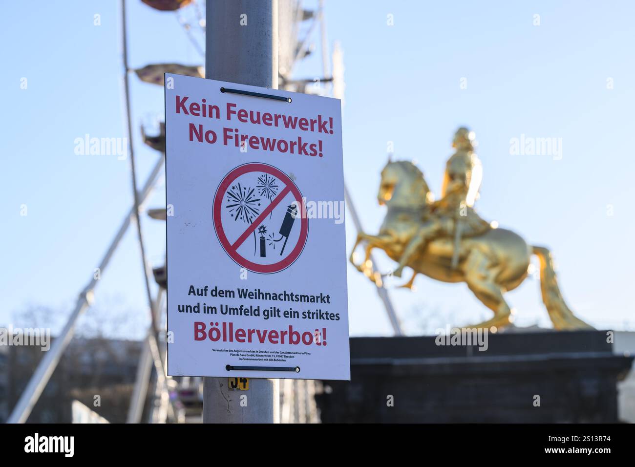 Dresden, Germany. 31st Dec, 2024. A "No firecrackers" sign hangs on a ...