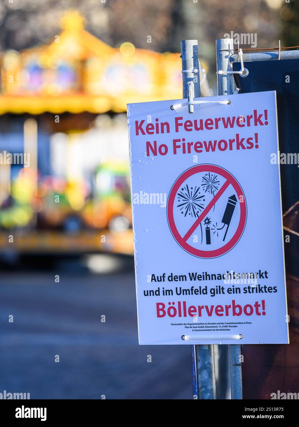 Dresden, Germany. 31st Dec, 2024. A "No firecrackers" sign hangs on a ...