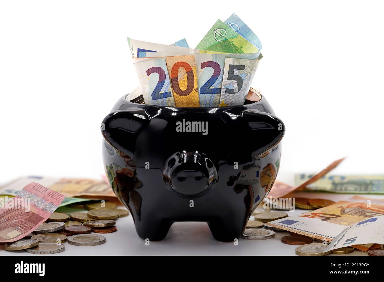Cash in full piggy bank show the year 2025, euro banknotes with coins ...