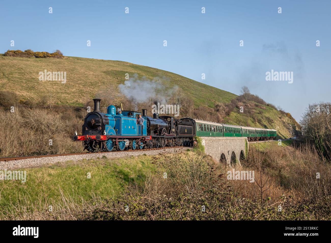 CR '439' class 0-4-4T No. 419 and BR 'T9' 4-4-0 No. 30120 depart from Corfe Castle station on ...