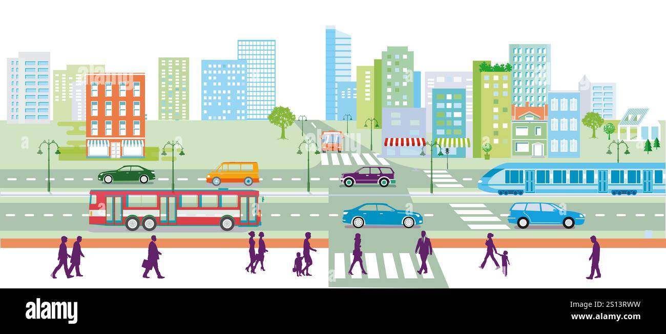 City overview with traffic and houses, information illustration Stock ...