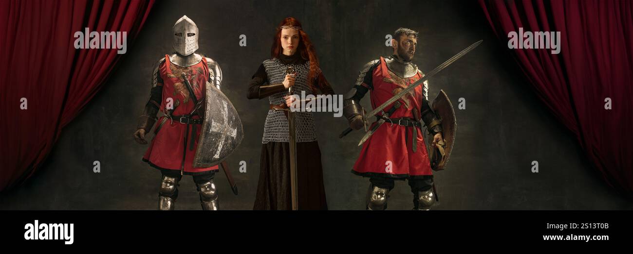 Collage. Warriors clad in medieval armor, two holding shields and swords, stand beside woman in ...