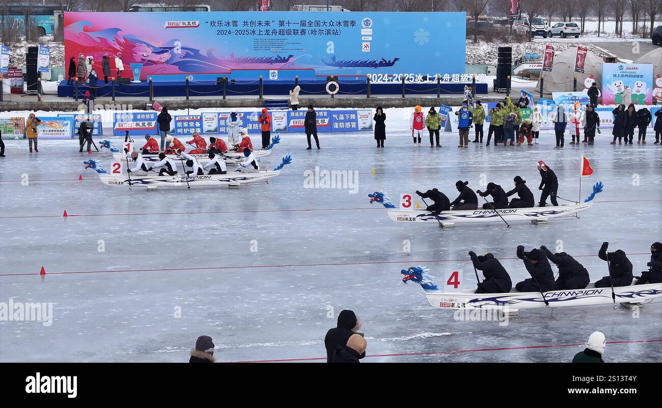 An ice dragon boat race at Hulan Estuary Wetland Park draws tourists in ...