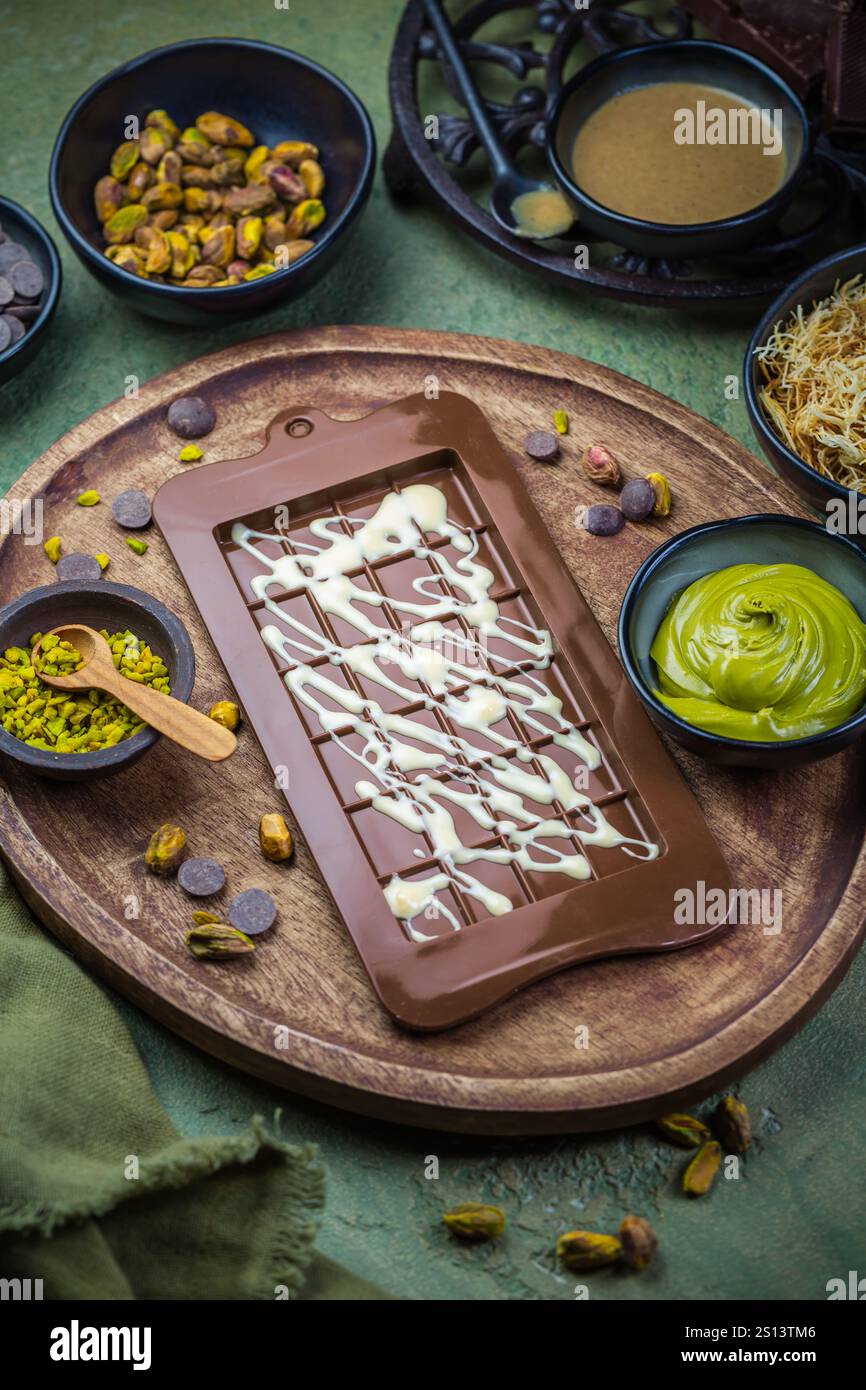 Preparing homemade Dubai chocolate with ingredients Stock Photo - Alamy