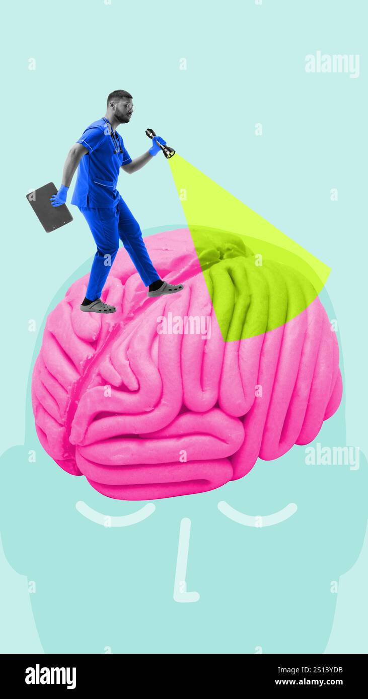 Contemporary art collage. Medical practitioner illuminates highlighted ...