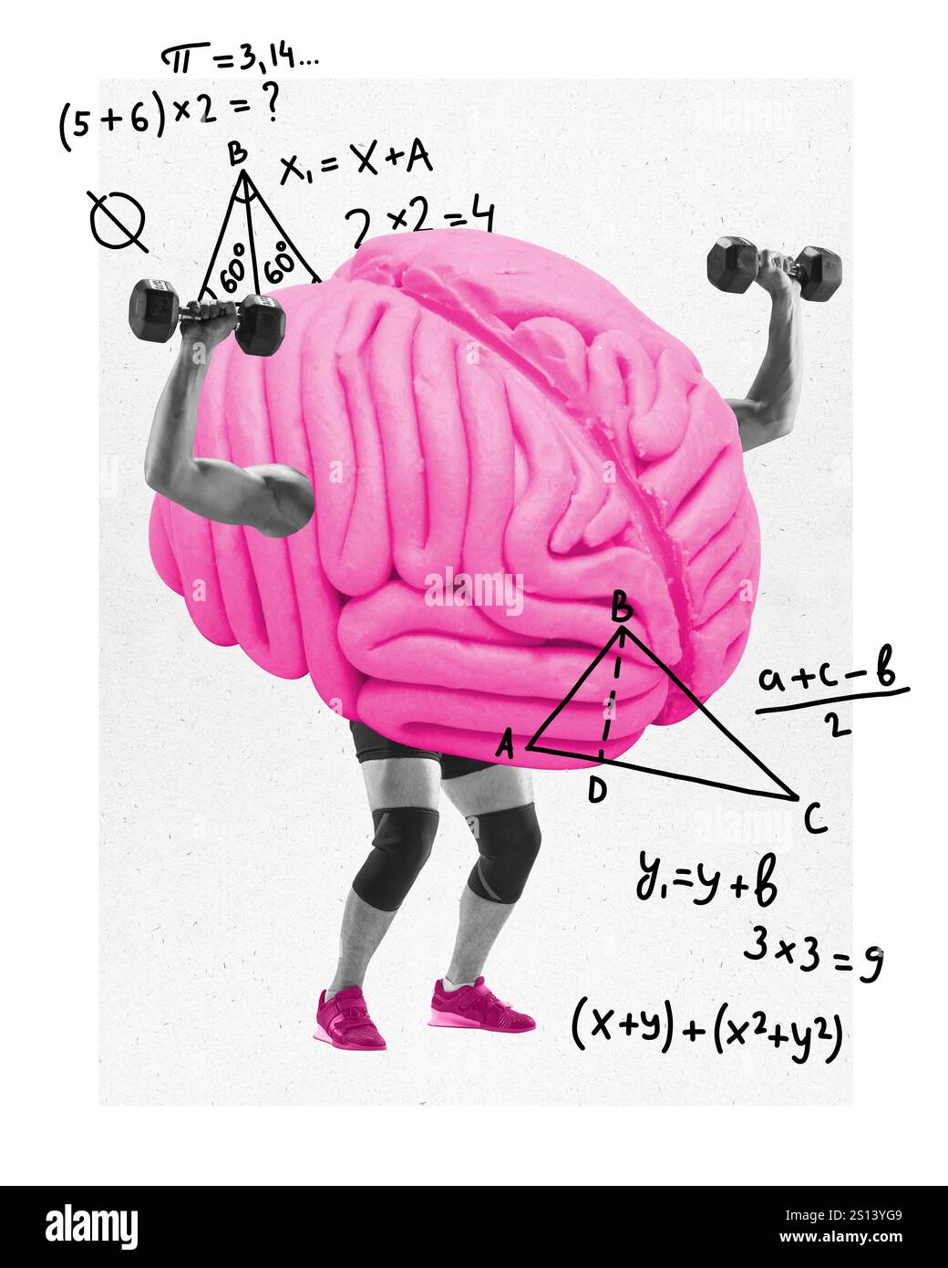 Contemporary art collage. Pink brain with muscular arms lifts weights ...