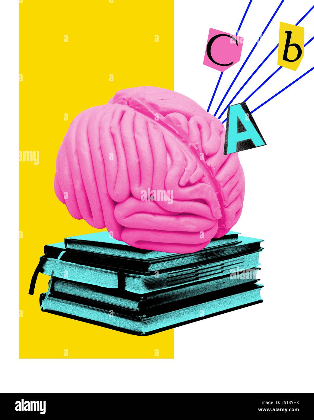 Contemporary art collage. Large pink brain placed on stack of books ...