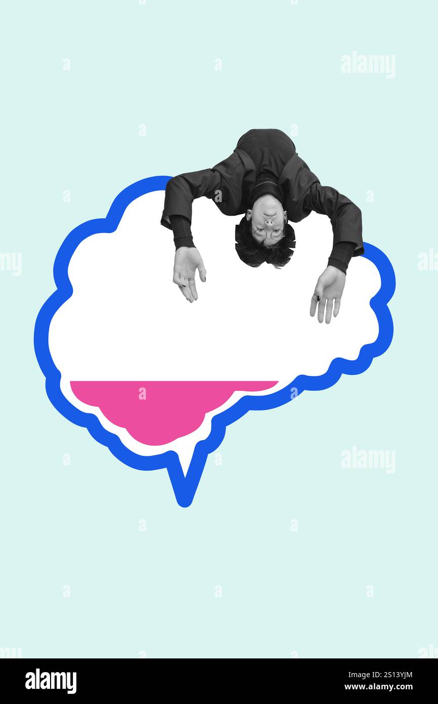 Contemporary art collage. Figure floats upside down within brain-shaped ...