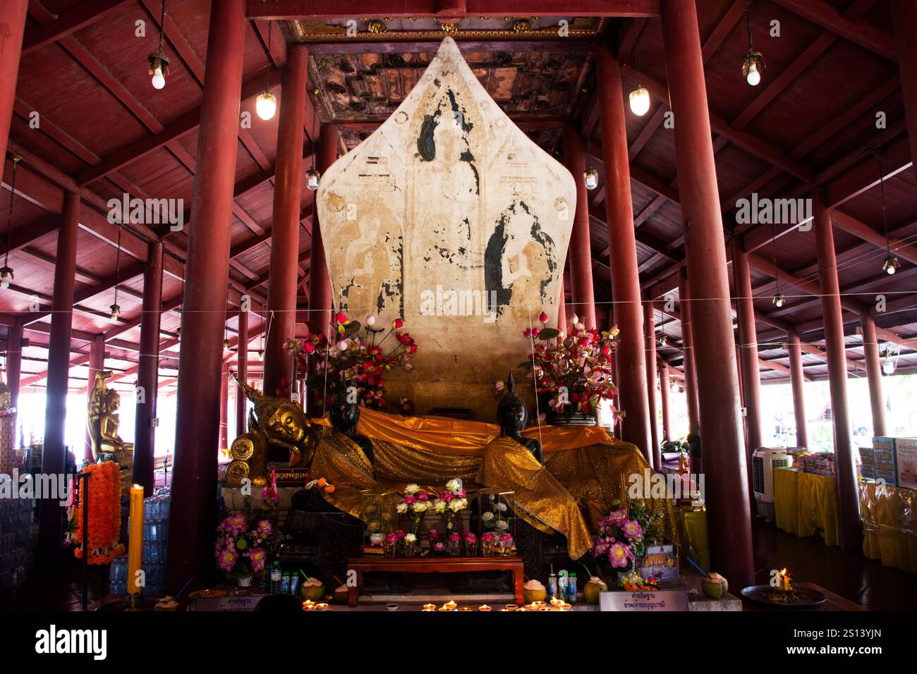 Holy ancient recline buddha statue Luang Pho Phet in antique ubosot for ...