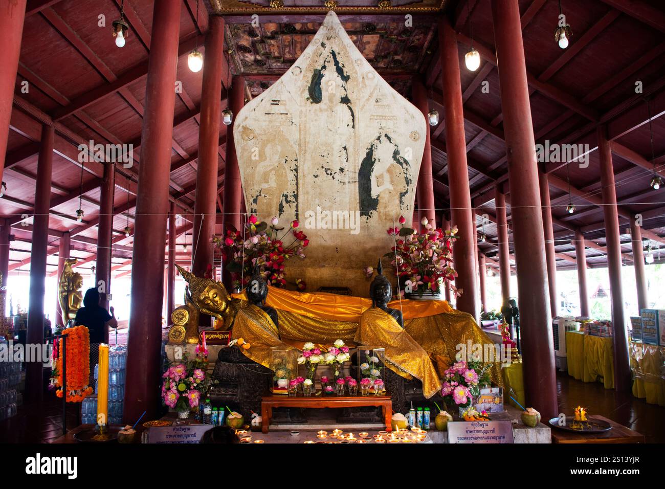 Holy ancient recline buddha statue Luang Pho Phet in antique ubosot for ...